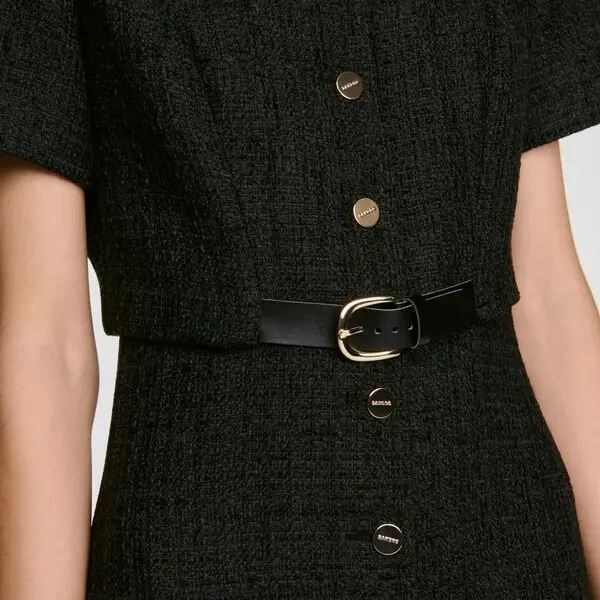 Sandro Short Belted Tweed Dress With Metal Buttons