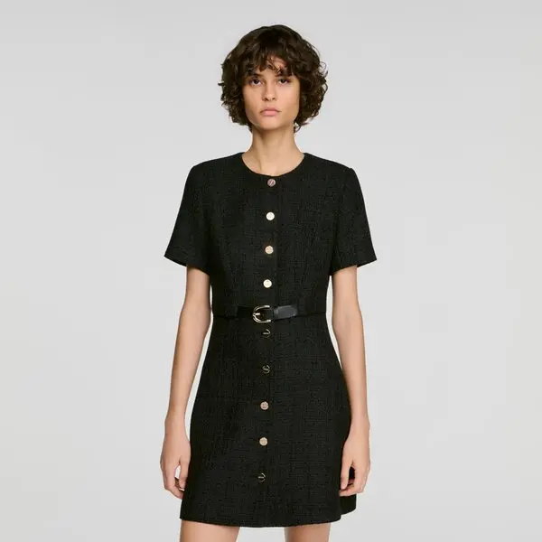 Sandro Short Belted Tweed Dress With Metal Buttons