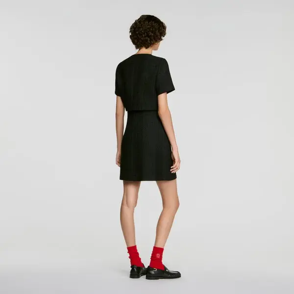 Sandro Short Belted Tweed Dress With Metal Buttons