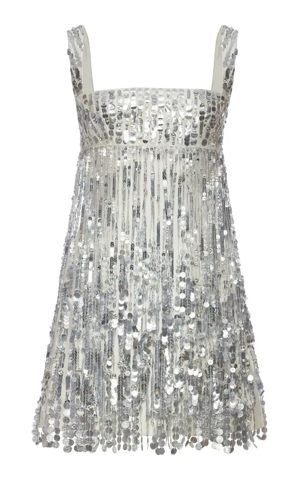 ALEXANDRA PIJUT Elsa Dress In Ivory Silk Wool With Fringe - Silver