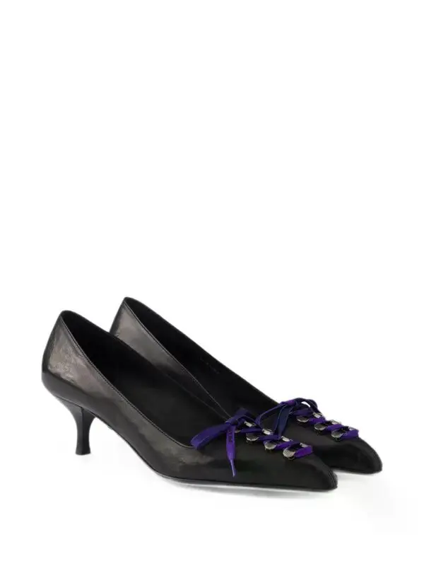 Prada Antiqued Leather Pumps With Lace Detailing