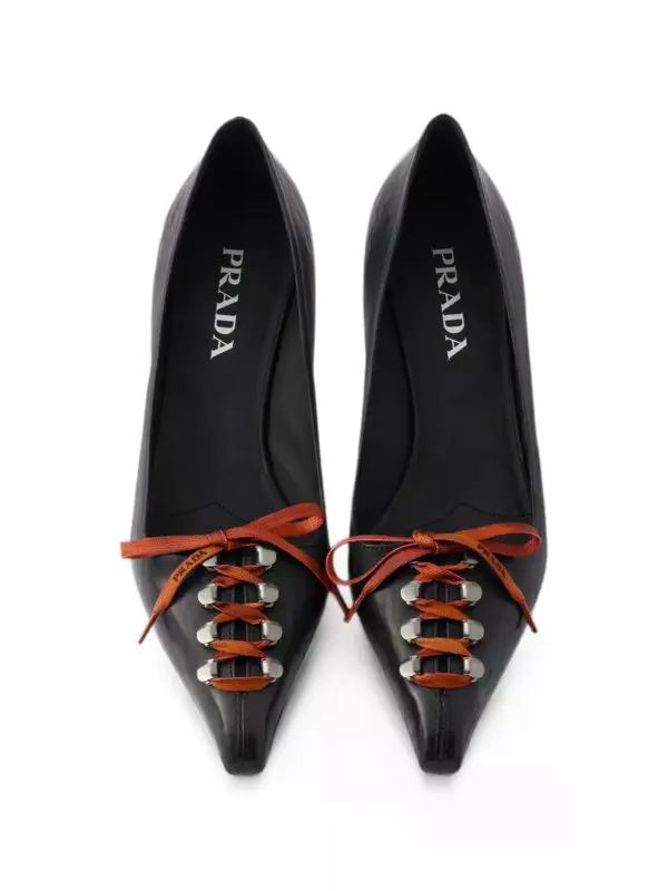 Prada Antiqued Leather Pumps With Lace Detailing