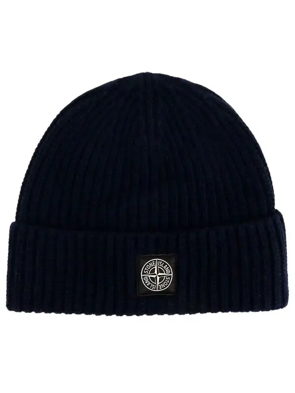 Stone Island Ribbed Logo Beanie - Blue