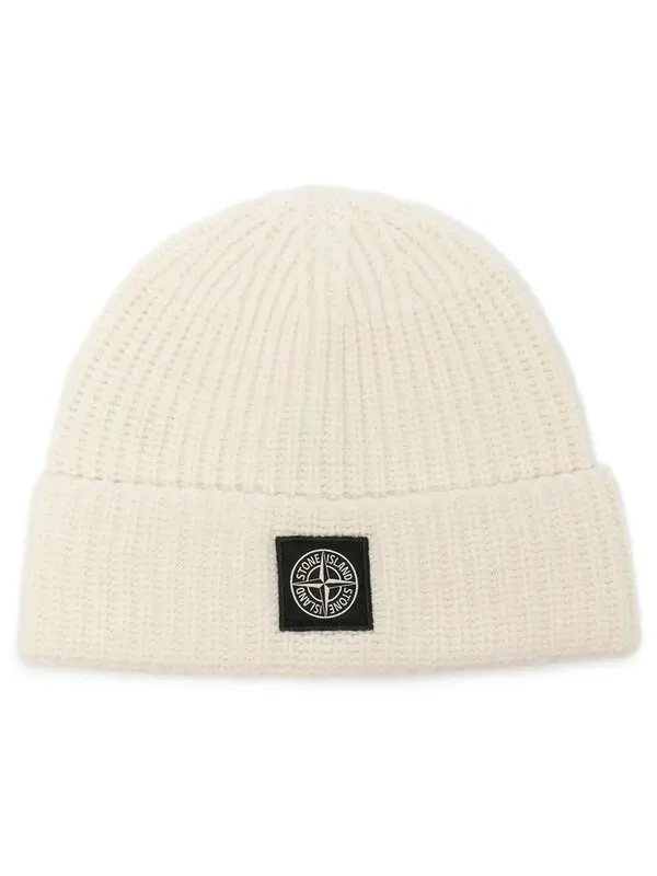 Stone Island Ribbed Logo Beanie - White