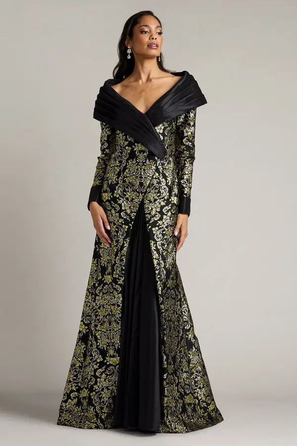 Tadashi Shoji Sorella Jacquard Portrait Collar Gown - Gold/multi