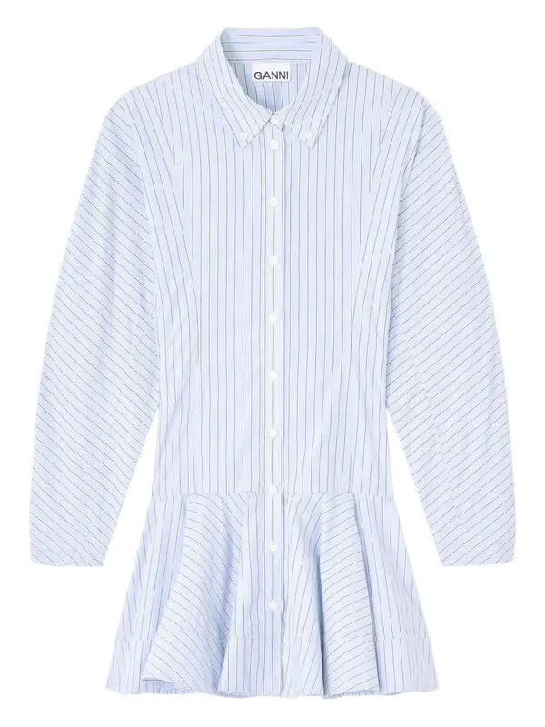 GANNI Stripe Print Cotton Mini Shirt Dress With Classic Collar And Ruffled Hem