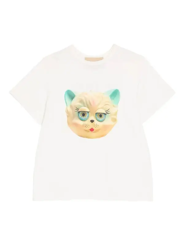 Valentino Garavani Round Neck Loose-fit T-shirt With Le Chat Print - Bianco