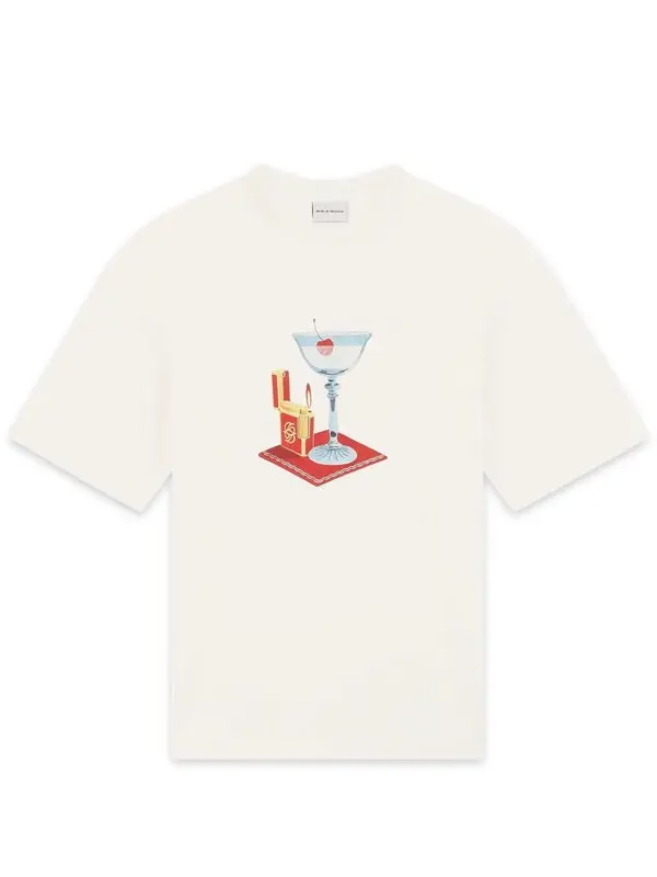 Drole De Monsieur Cotton T-shirt With Front Cocktail Print And Ribbed Crew Neck - Bianco