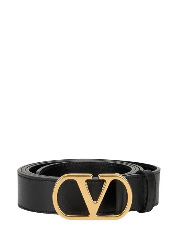 Valentino Garavani Calf Leather Belt With Gold Tone V Logo Buckle - Black