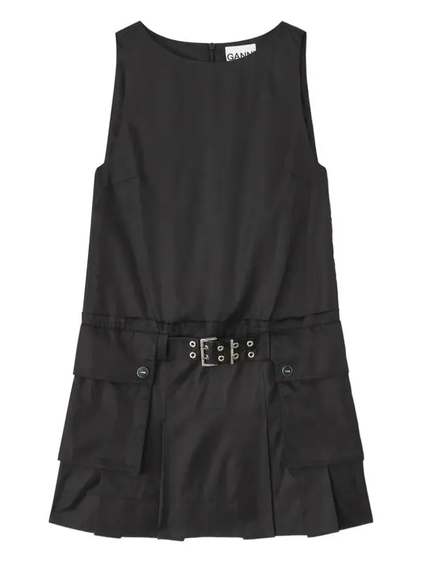 GANNI Round-neck Sleeveless Mini Dress With Zip Closure, Patch Pockets & Belt Detail - Nero