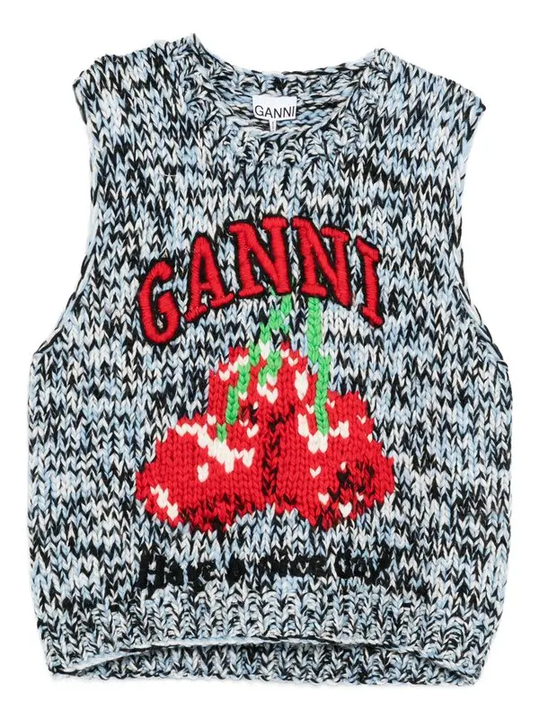 GANNI Crewneck Wool Vest With Graphic Logo Print - Blu