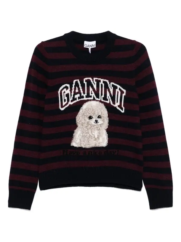 GANNI Striped Crewneck Sweater With Dog Logo - Nero