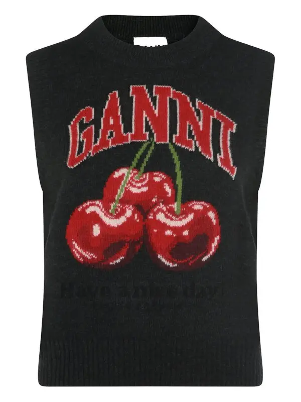 GANNI Wool Ribbed-edge Logo Vest