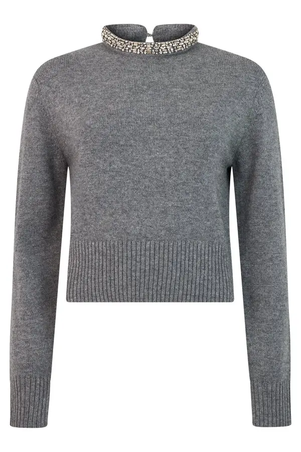 Pinko Rhinestone-collar Cropped Long-sleeve Sweater