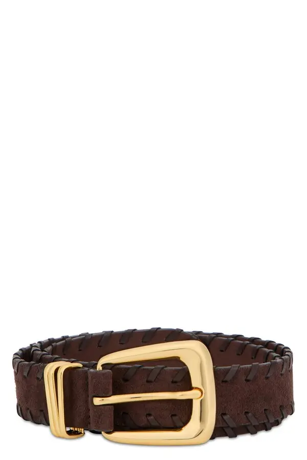 Veronica Beard Leather Belt With Rectangular Gold Buckle