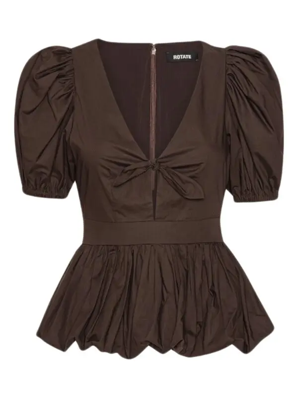 ROTATE BY BIRGER CHRISTENSEN Organic Cotton Mini Dress With Puff Sleeves And V-neck - Marrone