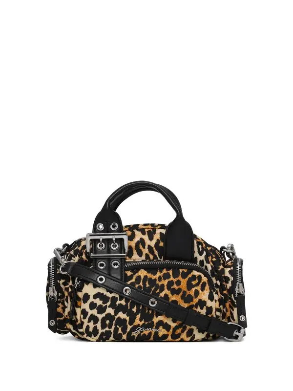 GANNI Mini Leopard Print Handbag With Top Handle, Adjustable Strap, Zip Closure, Silver-tone Hardware - Marrone