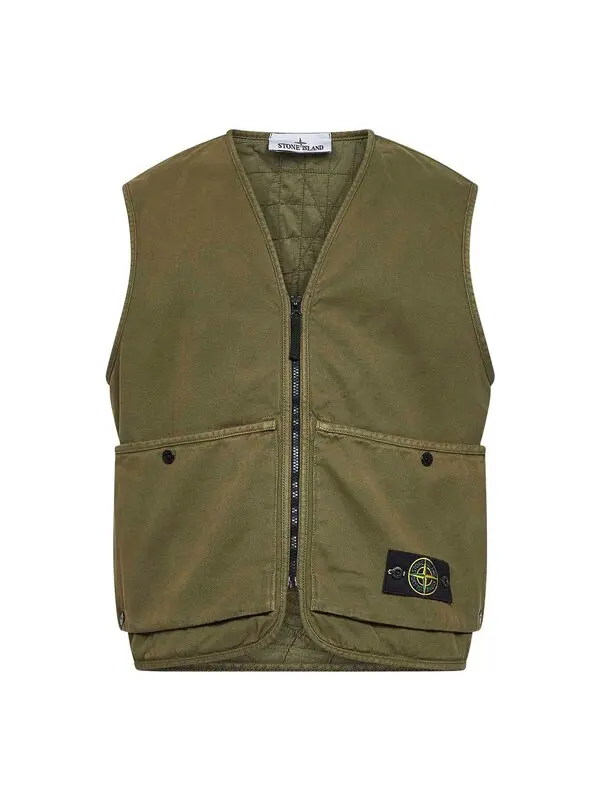 Stone Island Quilted Lined Cotton Vest V-neck Zip-up With Pockets - Verde