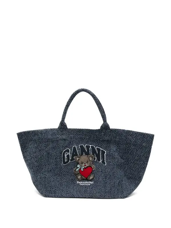 GANNI Organic Cotton Tote Handbag With Top Handles And Interior Pocket - Blu