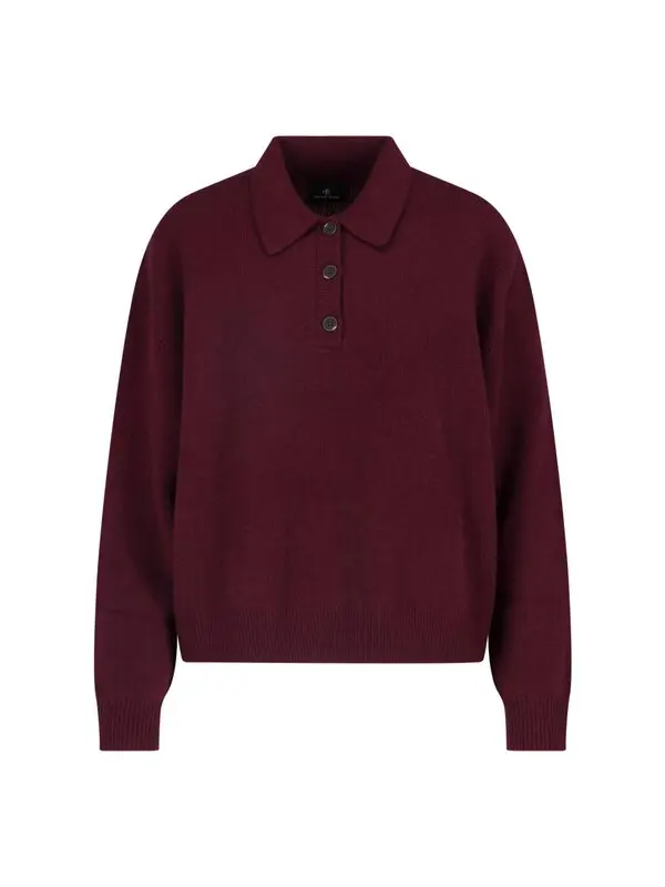 ANINE BING Long Sleeve Knit Polo Sweater - Red