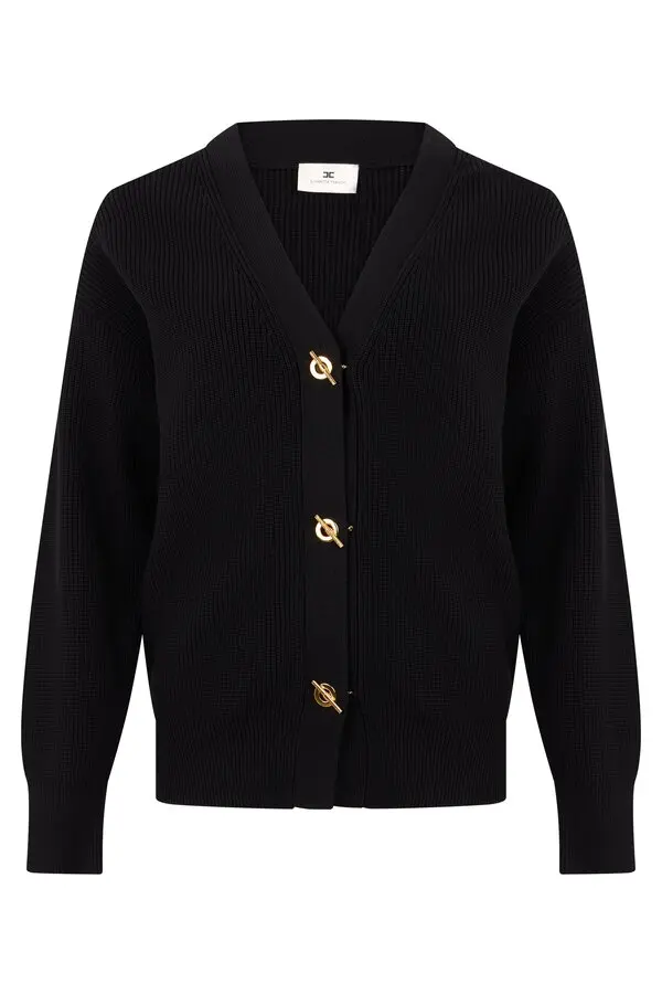 Elisabetta Franchi Sculpted Shawl-collar Cardigan Knit With Five Metallic Hook Closures - Black