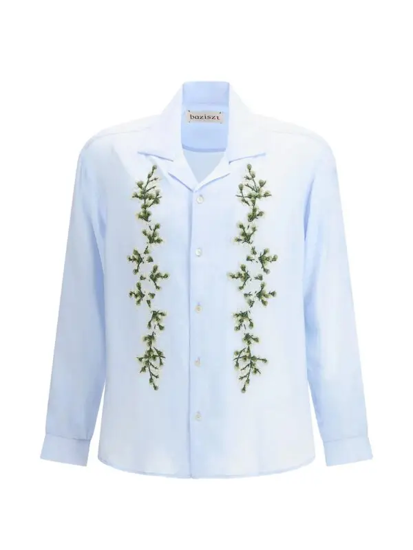 BAZISZT Floral Embroidered Camp Collar Cotton Shirt - Azzurro