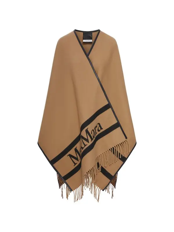 Max Mara Motif Wool Scarf With Long Fringe And Leather Piping - Marrone