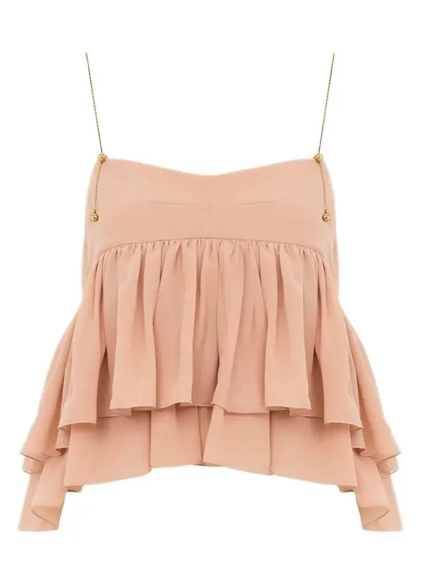 Chloé Sleeveless 100% Silk Tiered Mini Dress With Adjustable Chain Straps - Rosa