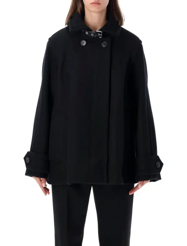 LANVIN Mini Short Wool Jacket With Stand-up Collar And Contrast Vinyl Belt - Nero