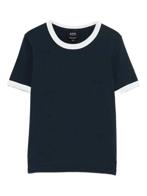 A.p.c. Contrasting Ribbed Trim Cotton Crewneck Short-sleeve T-shirt With Embroidered Logo - Blu