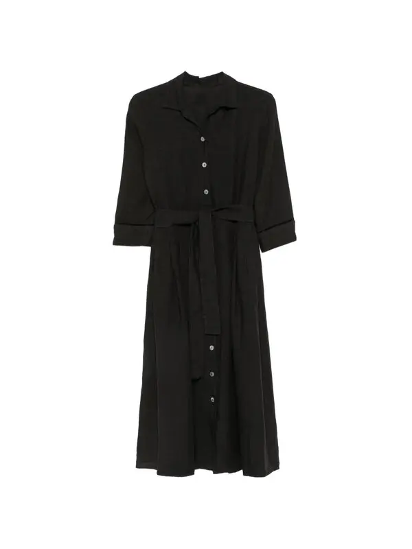 120% Lino 100% Linen Button-up Belted Mini Dress - Nero