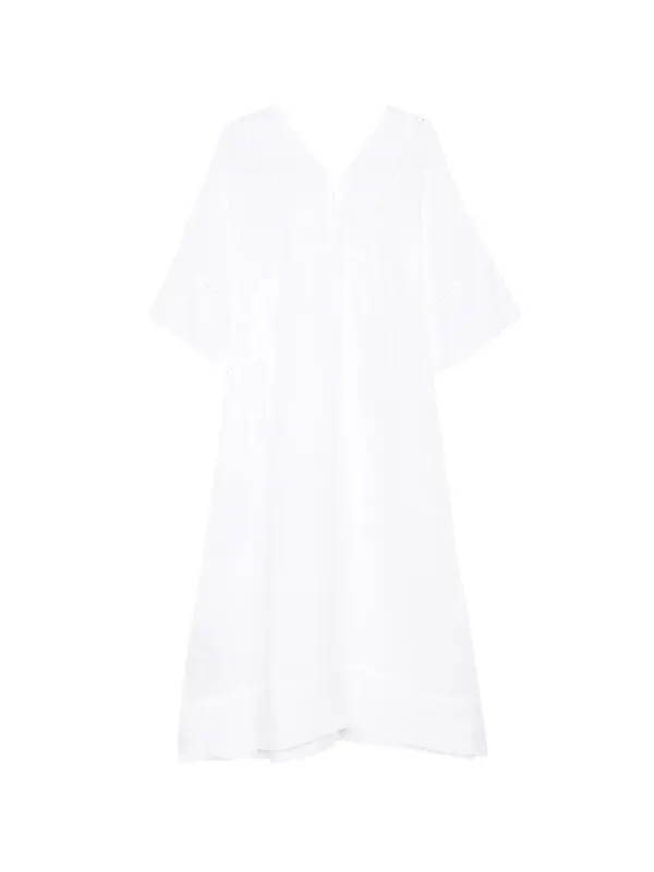 120% Lino Linen V-neck Kaftan With Contrast Hem & Sleeve Details - Bianco