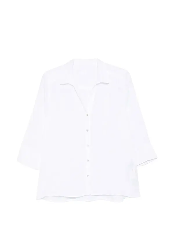 120% Lino Sheer Short Sleeve Button-front Blouse - Bianco