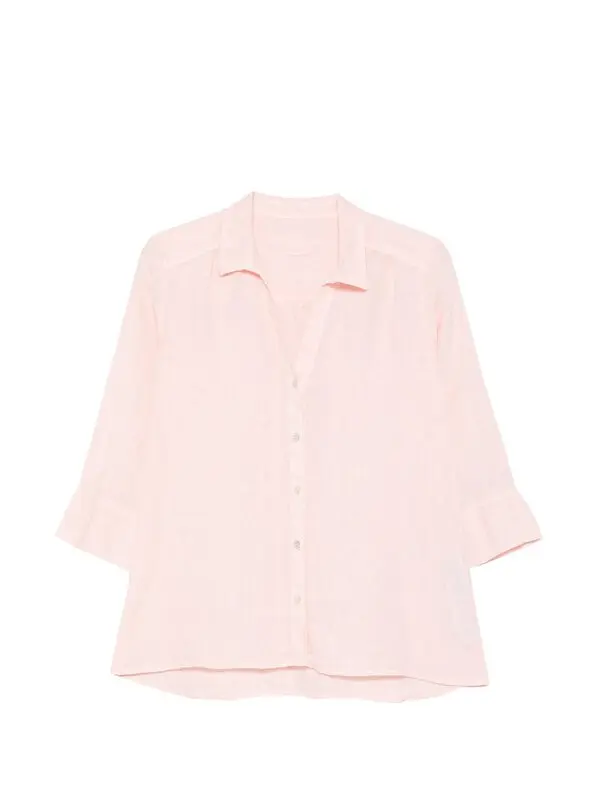 120% Lino Classic Linen V-neck Shirt With Long Sleeves And Pointed Collar - Rosa