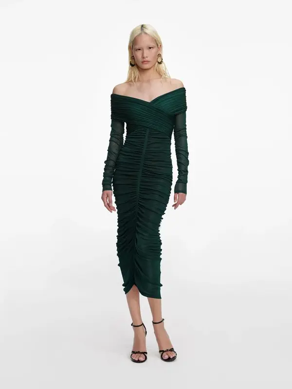 SELF-PORTRAIT Off-the-shoulder Gathered Viscose Midi Dress - Verde
