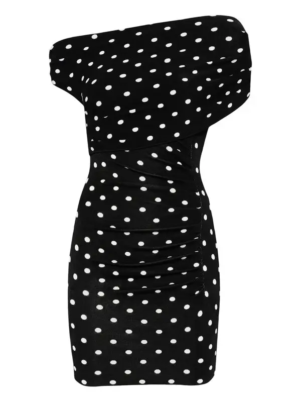 SELF-PORTRAIT Draped Polka Dot Knit Mini Dress With Asymmetrical Neckline