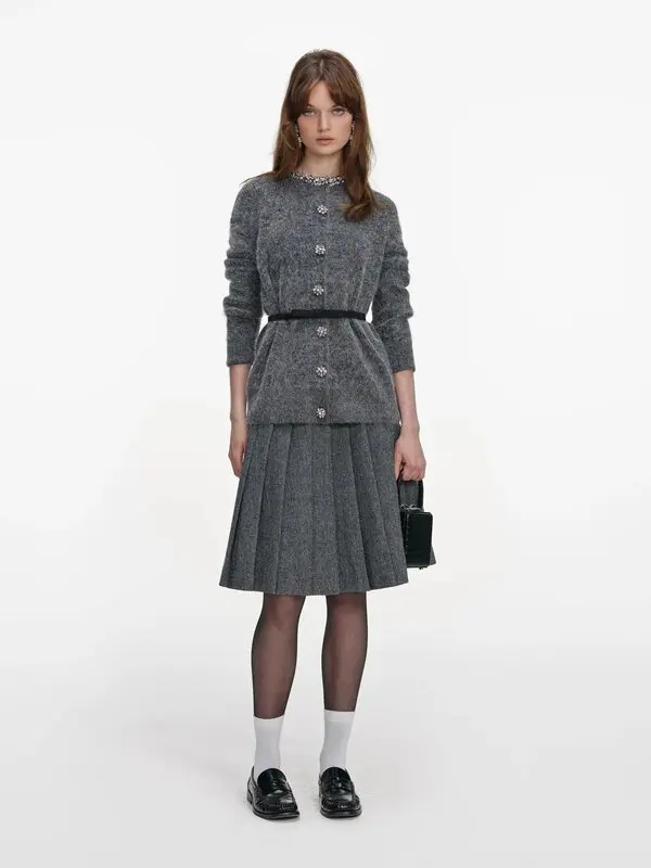 SELF-PORTRAIT Sparkly-trim Knit Cardigan With Snap Closure & Adjustable Waistband - Grigio