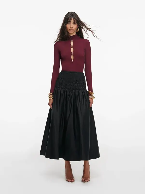 SELF-PORTRAIT Long-sleeve Ribbed Knit Top With Gold Buttons - Rosso
