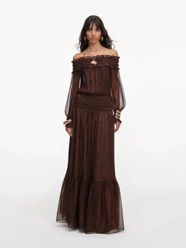 SELF-PORTRAIT Long Off-the-shoulder Ruffle Georgette Dress - Marrone