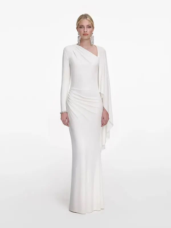 SELF-PORTRAIT Asymmetrical Neckline Long Sleeve Gown With Mermaid Hem - Bianco