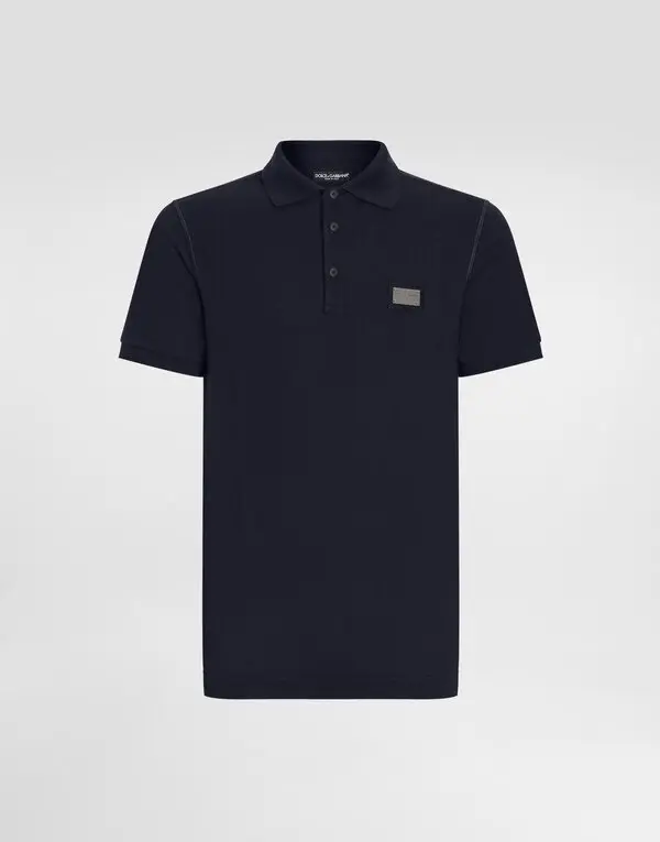 Dolce & Gabbana Cotton Polo Shirt With Front Buttons And Logo Metal Plaque - Blu