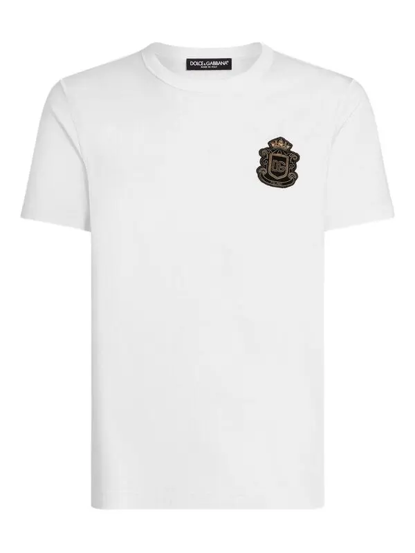 Dolce & Gabbana Crew Neck T-shirt With Shot Sleeves And Heraldic Patch 100% Cotton - Bianco