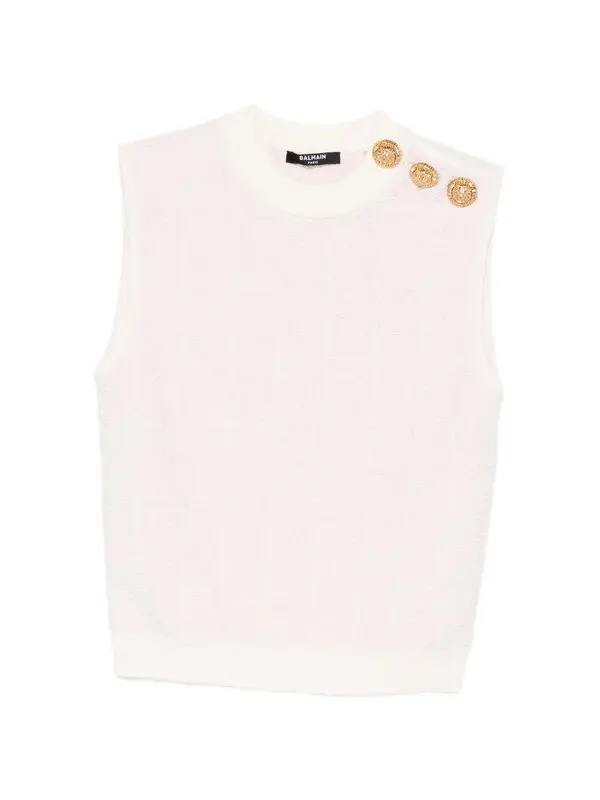 Balmain Round Neck Tweed Knit Top With Lurex And Lion Head Button Placket - Rosa