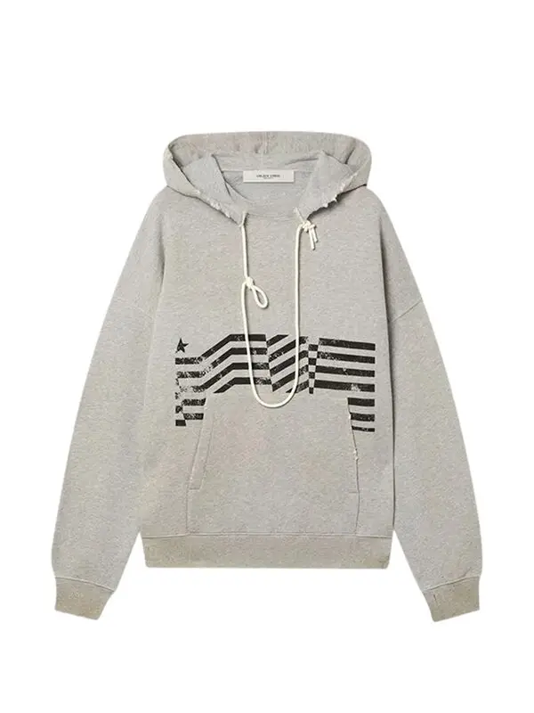 GOLDEN GOOSE Drawstring Hoodie With Front Print & Destroyed Finish - Grigio