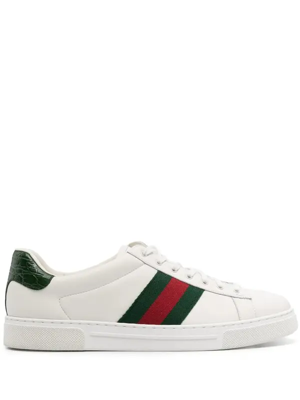 Gucci Web Leather Lace-up Sneakers With Ace Metal Tag