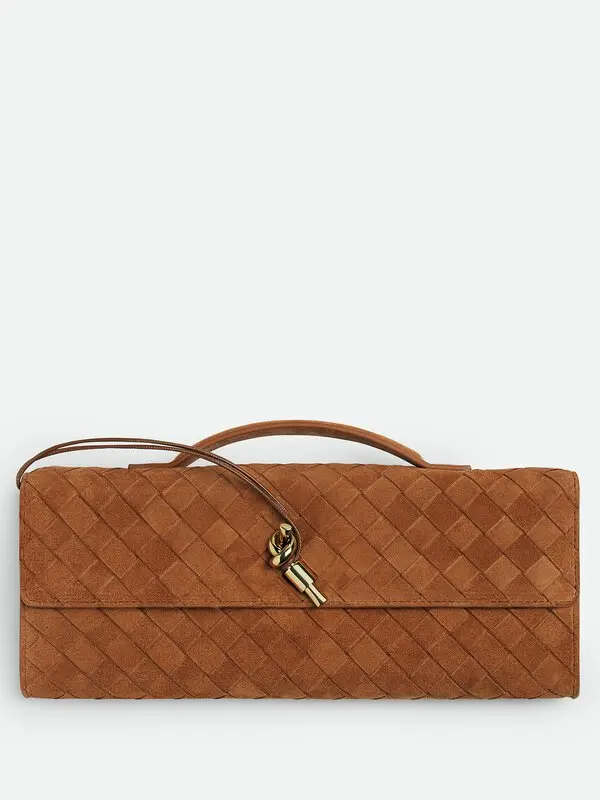 Bottega Veneta Suede Intrecciato Mini Clutch With Brass Finish - Marrone