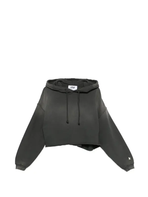 GOLDEN GOOSE Oversized Cropped Hooded Cotton Sweatshirt With Raw-edge Hem - Grigio