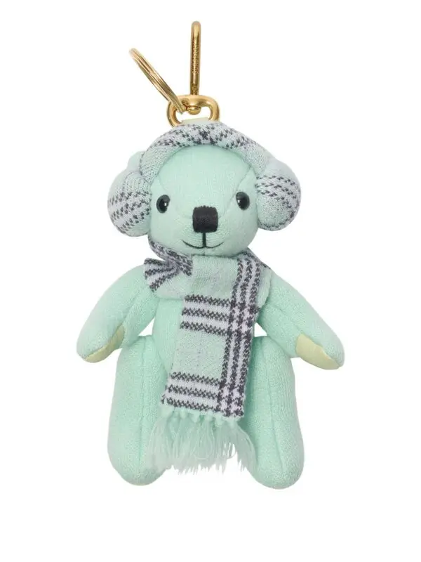 Burberry Mini Wool & Cashmere Teddy Bear Charm Keychain With Brushed Metal Clasp And Matching Check Scarf - Verde