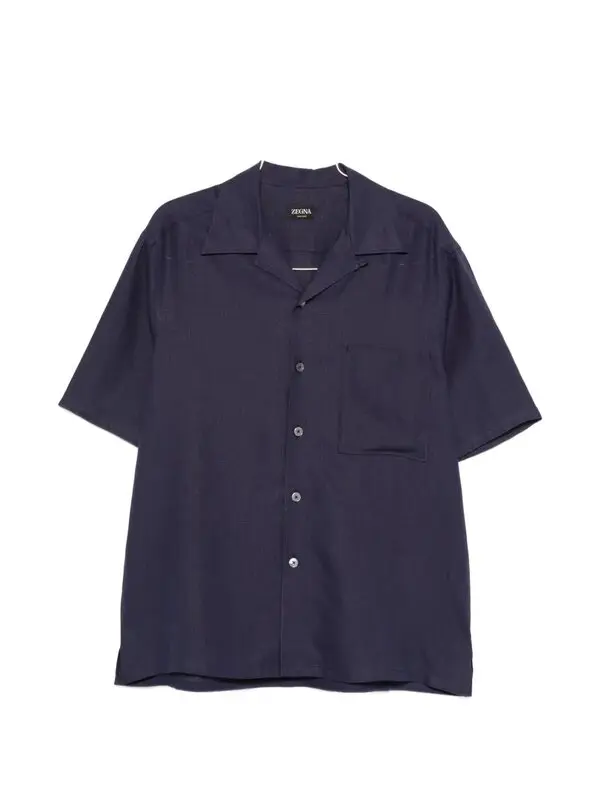 Zegna Regular Fit Linen Cuban Collar Shirt With Chest Pocket - Blu