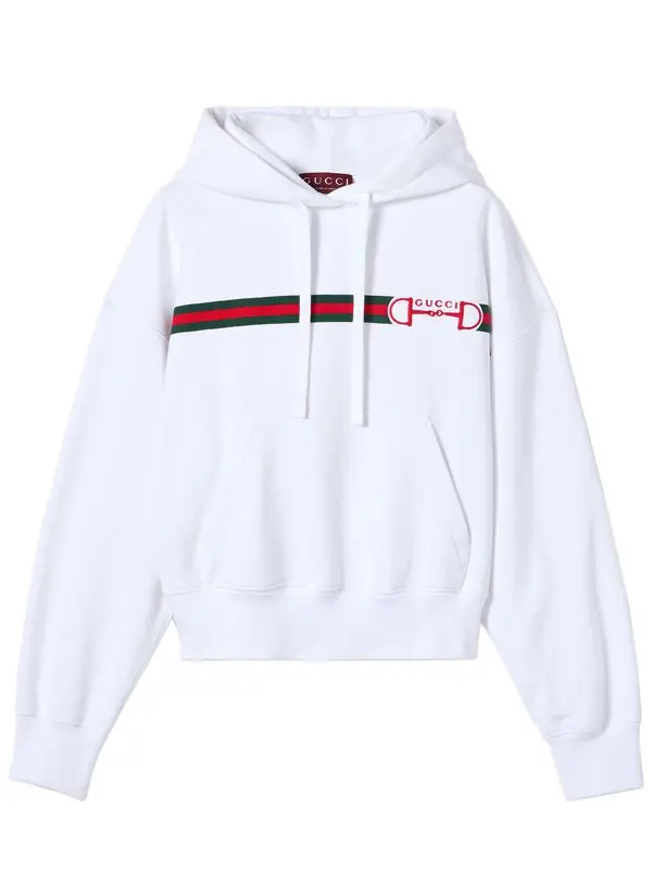 Gucci Brushed Cotton T-shirt With Web Graphic Print, Horsebit Embroidery, Fixed Hood & Front Pocket - Bianco